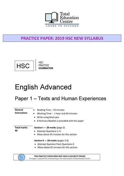 Practice HSC English ADVANCED Paper 1: Texts and Human Experiences ...