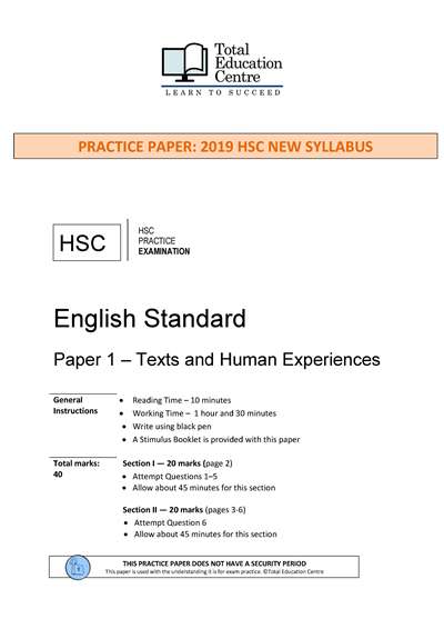 Practice HSC English STANDARD Paper 1: Texts and Human Experiences ...